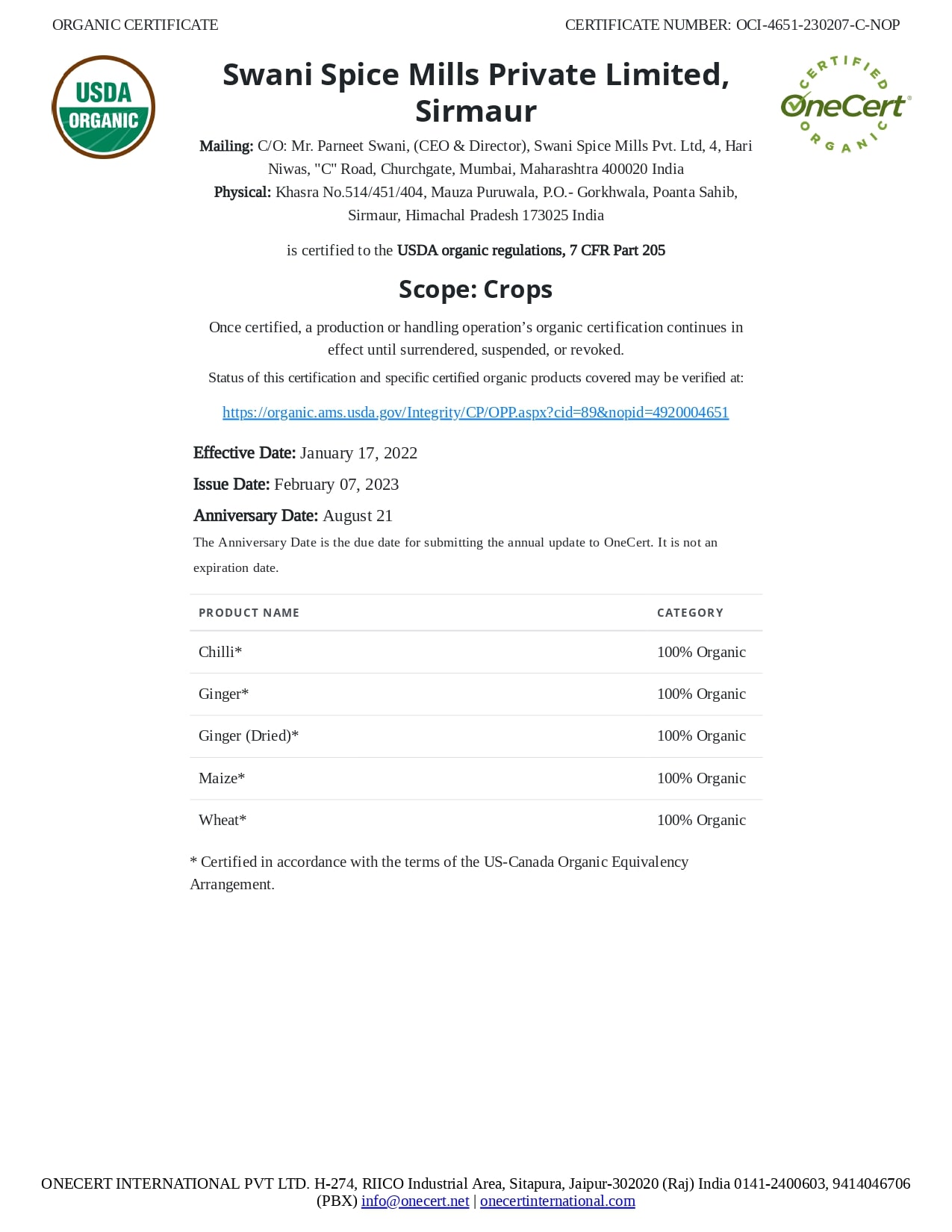 Certificates | Swani Spice